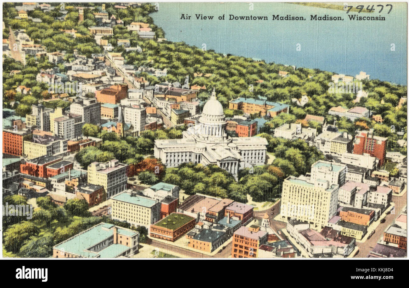 This aerial view shows downtown Madison, Wisconsin, showcasing the city ...