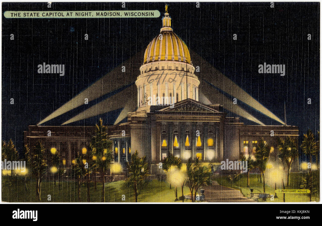 The Wisconsin State Capitol, photographed at night, stands as a symbol ...