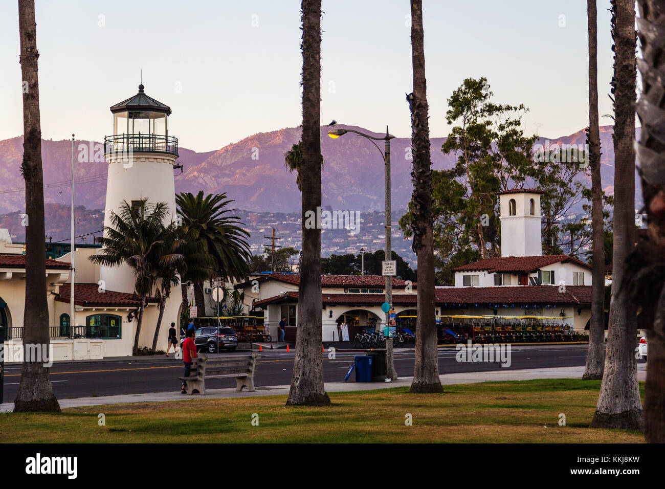 Santa Barbara Lighthouse overlooking the Pacific Coast at dusk ...