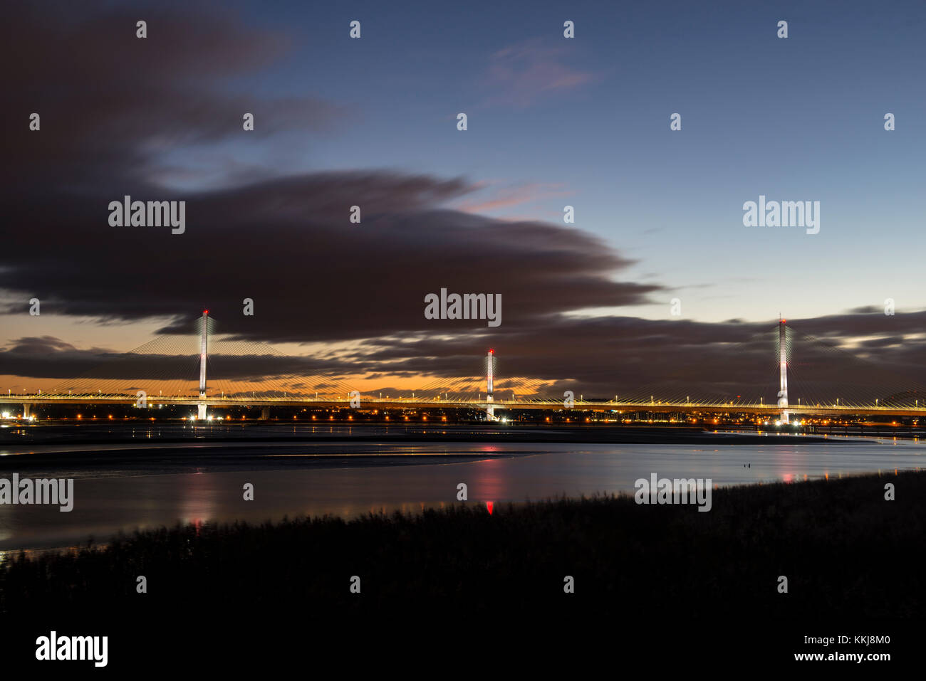 Mersey Gateway toll bridge at night linking Runcorn and Widnes across ...