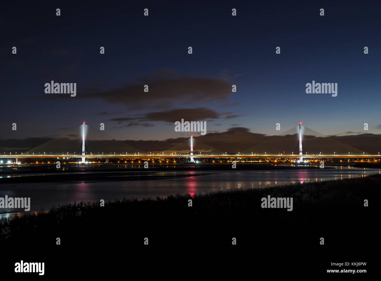 Mersey Gateway toll bridge at night linking Runcorn and Widnes across ...