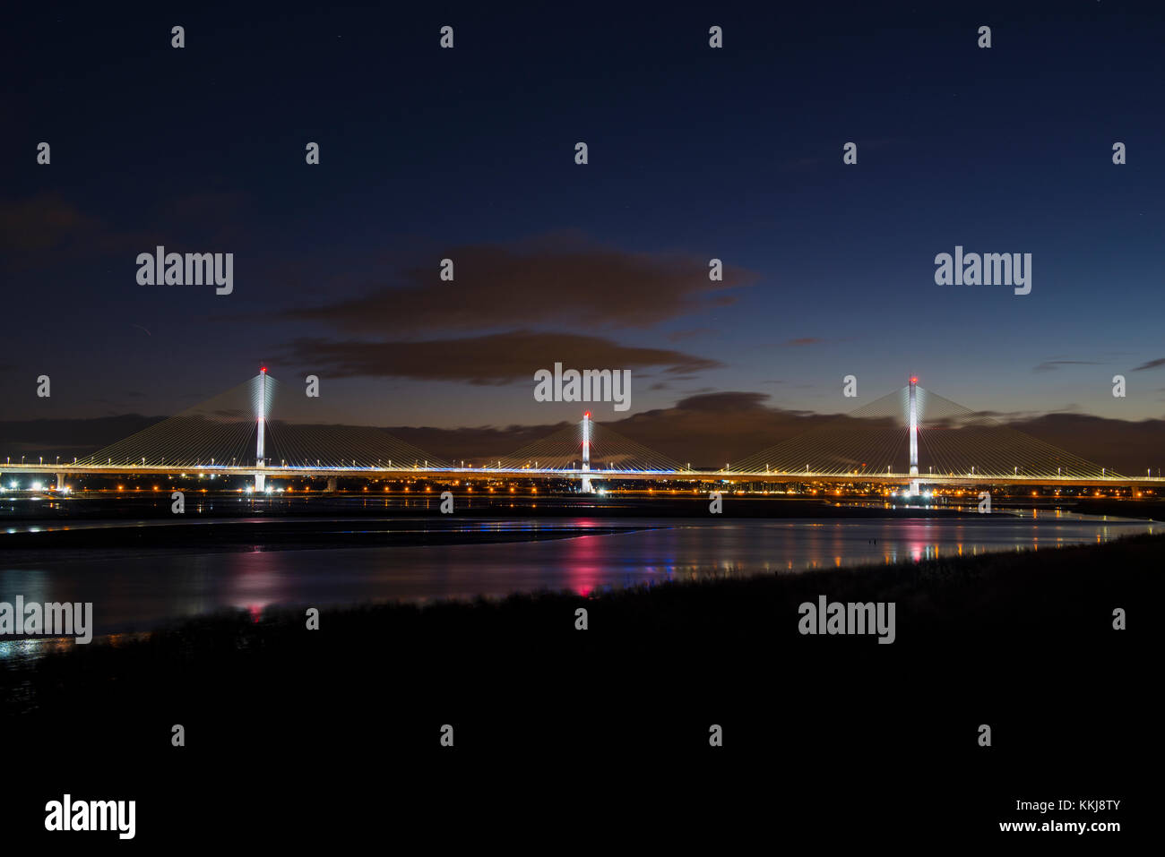 Mersey Gateway toll bridge at night linking Runcorn and Widnes across ...