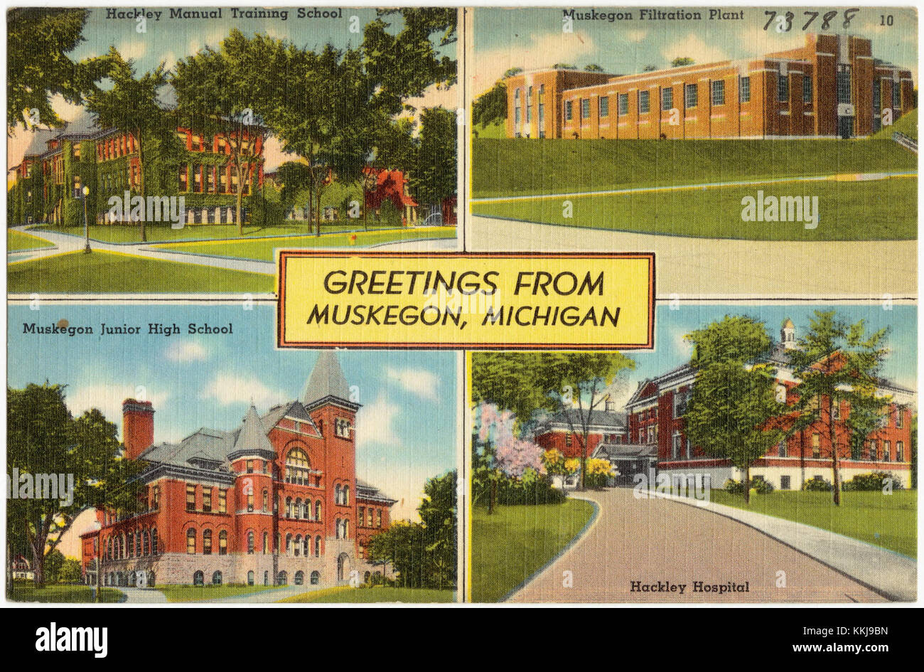 A vintage postcard from Muskegon, Michigan, featuring images of Hackley ...