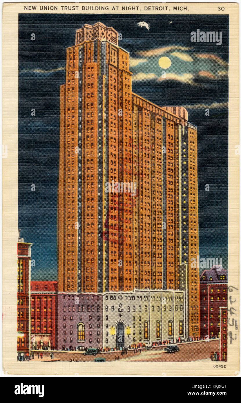 A night-time photograph of the New Union Trust Building in Detroit ...