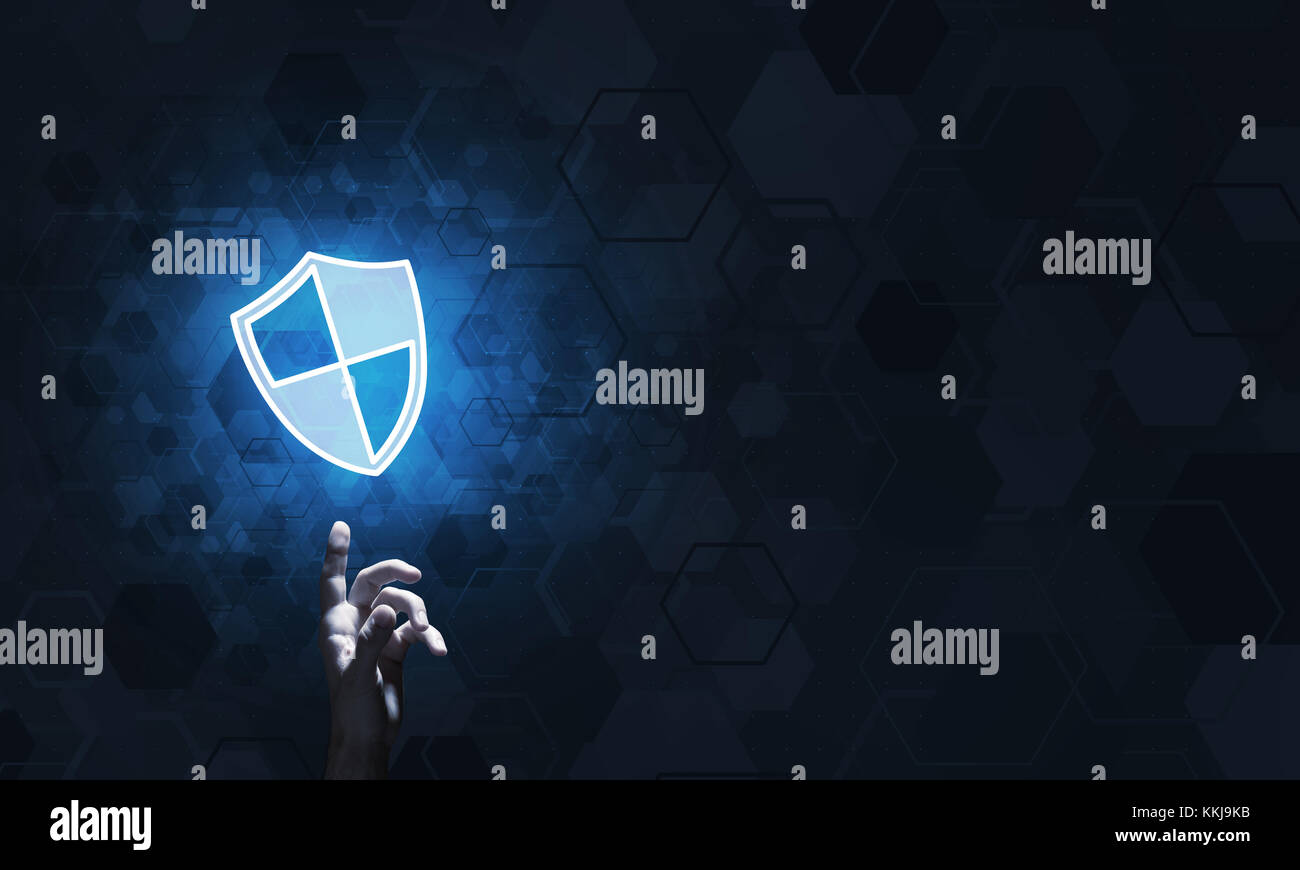 Blue shield icon as symbol of access protection on dark background ...