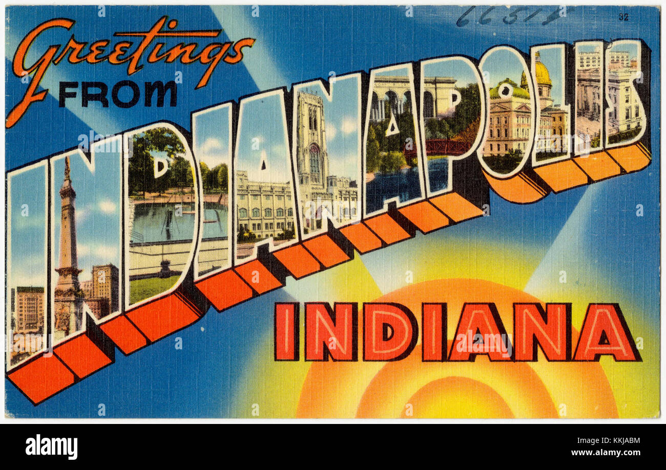 This image is a vintage postcard depicting a greeting from Indianapolis ...