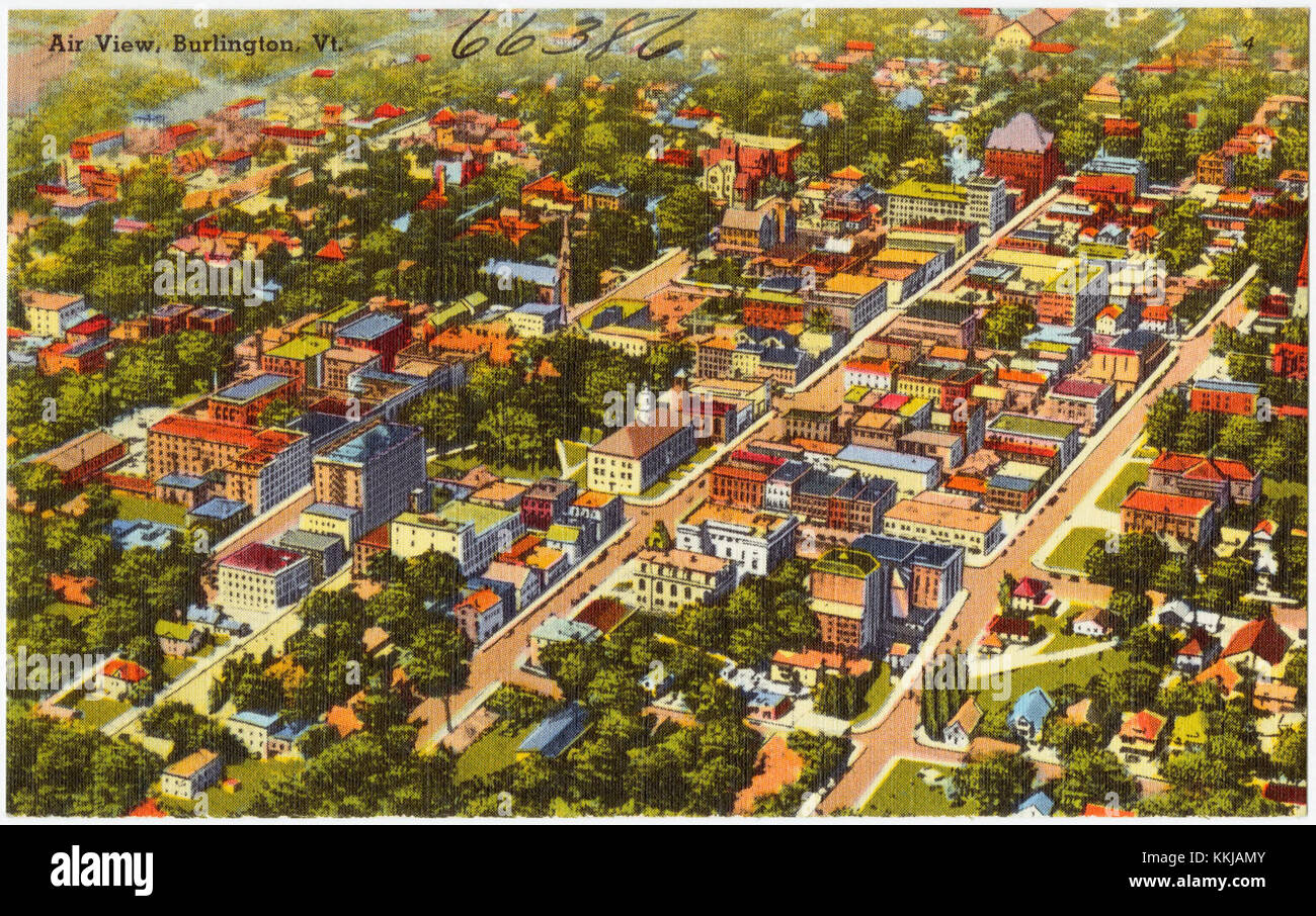 This aerial photograph captures the cityscape of Burlington, Vermont ...