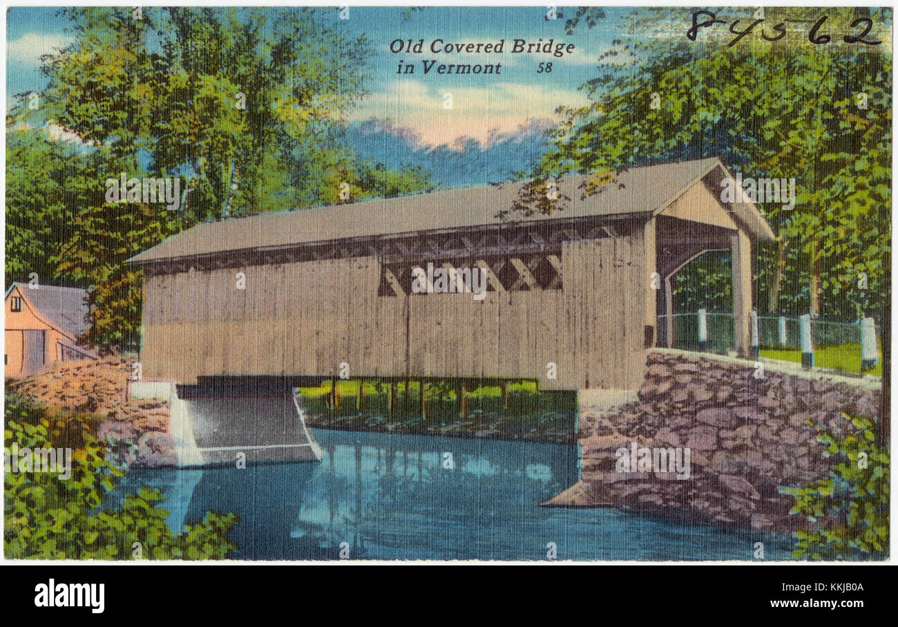 The image depicts an old covered bridge in Vermont, a historical ...