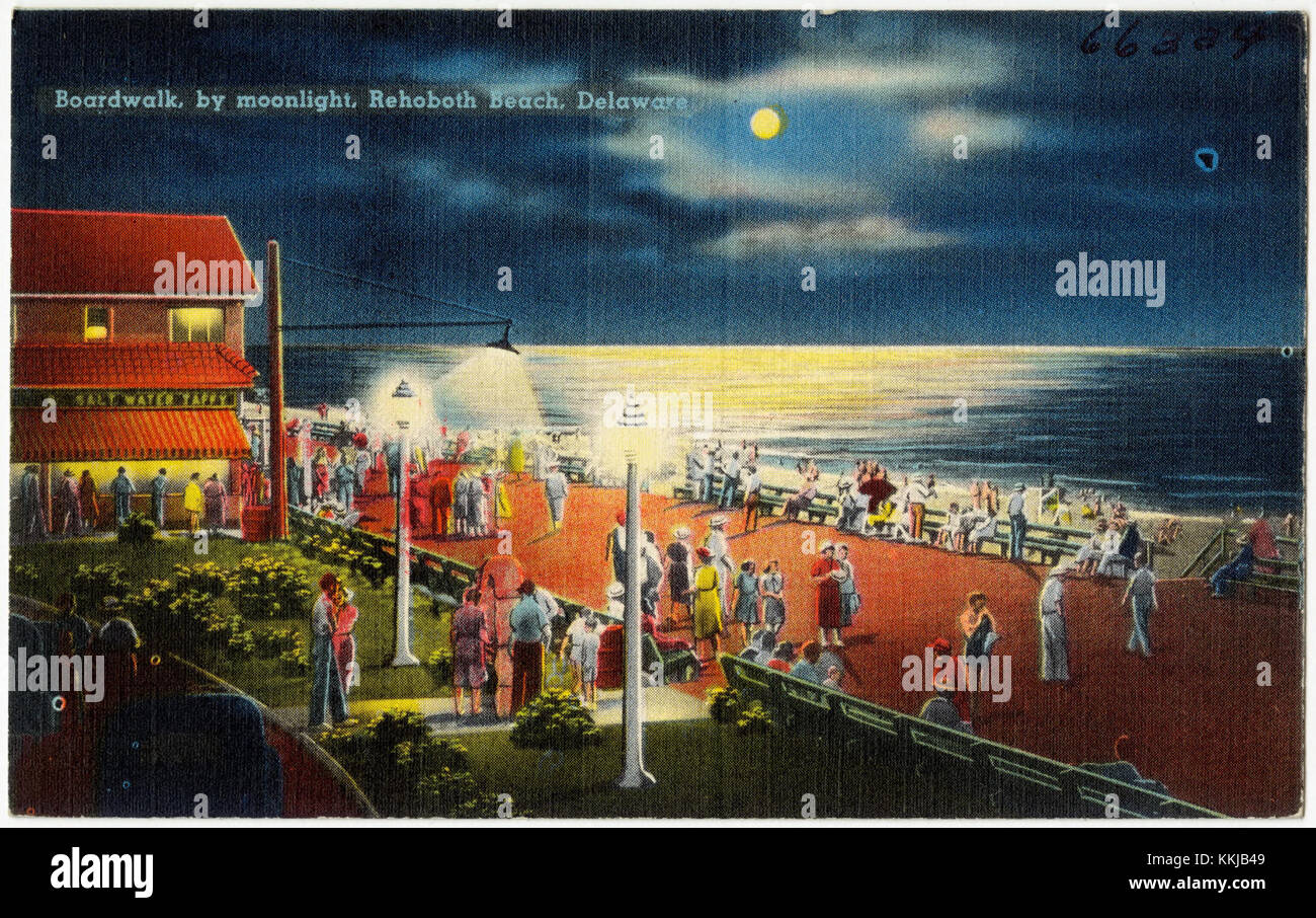 A moonlit view of the boardwalk at Rehoboth Beach, Delaware. The ...