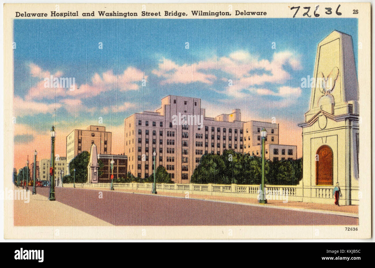 A photograph showing Delaware Hospital and the Washington Street Bridge ...
