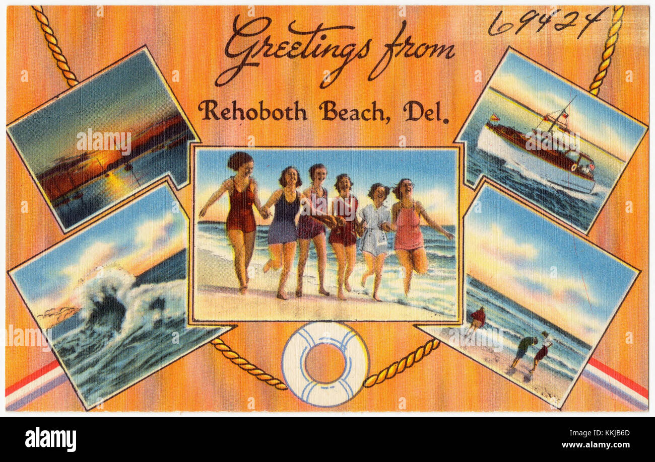 A vintage postcard depicting Rehoboth Beach, Delaware, a popular beach ...