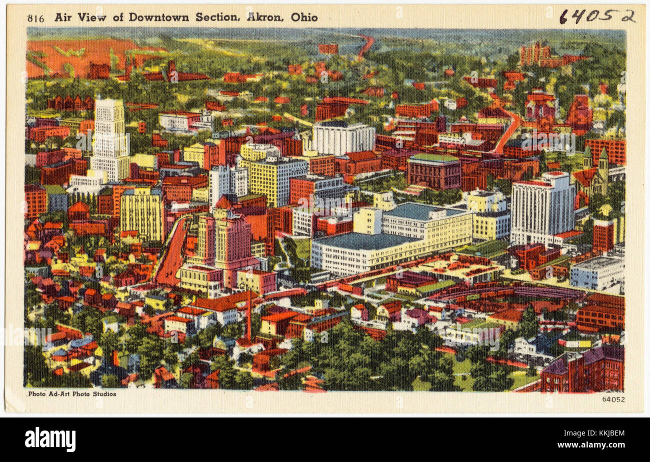 The aerial view captures a section of downtown Akron, Ohio, showcasing ...
