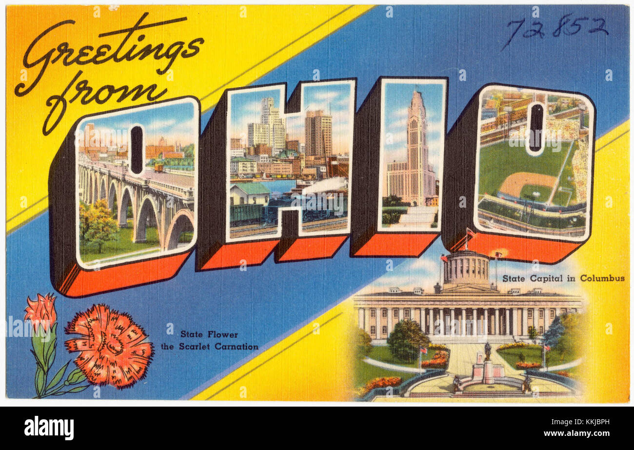 A vintage postcard reading 'Greetings from Ohio,' featuring a scenic ...