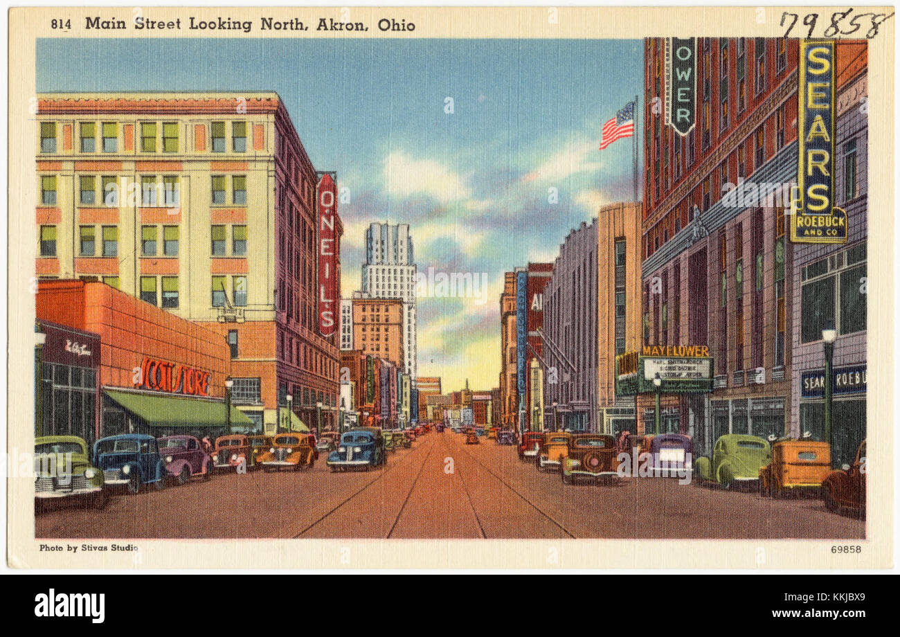 This photograph captures a view of Main Street looking north in Akron ...