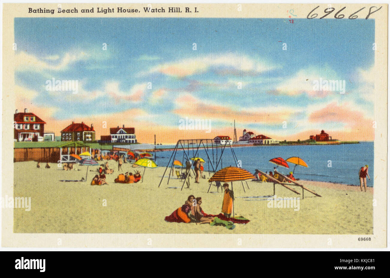 Photograph showcasing the bathing beach and lighthouse at Watch Hill ...