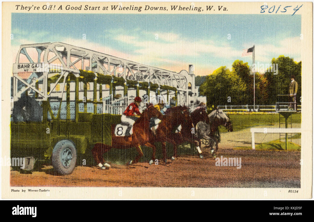 This image captures the start of a horse race at Wheeling Downs in ...