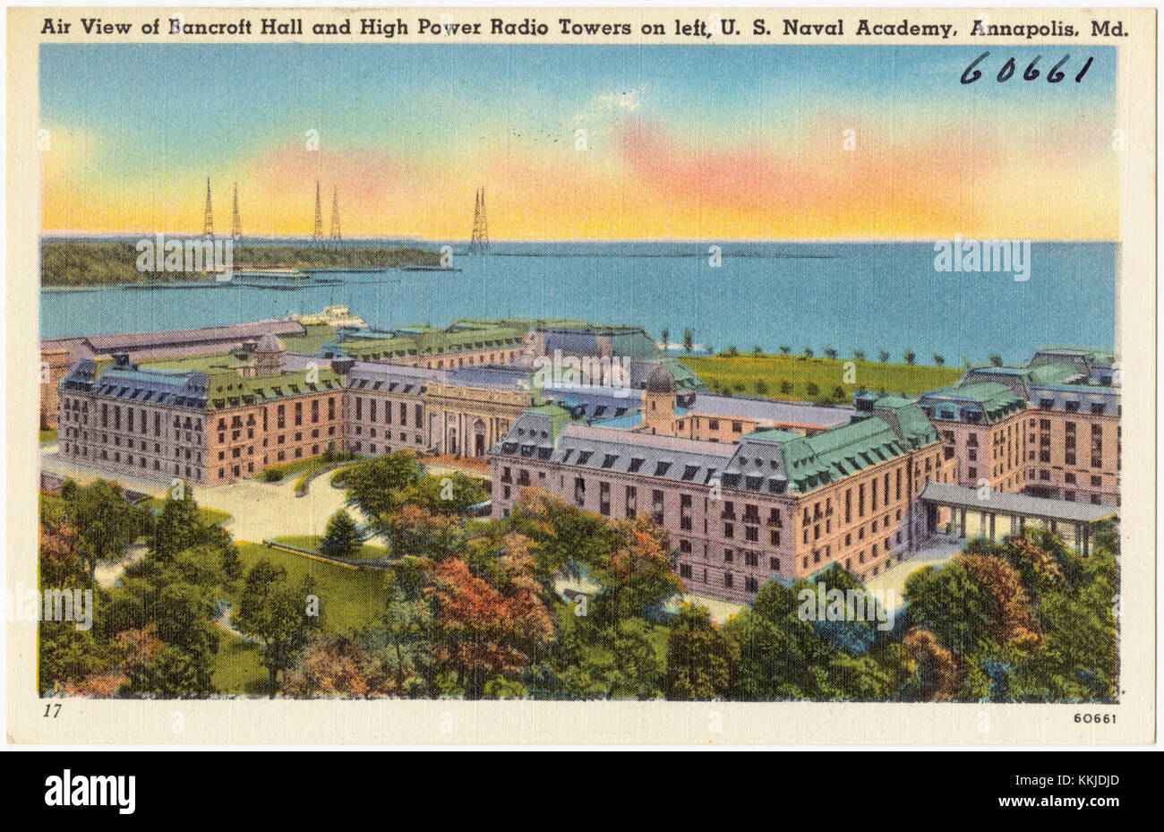 This aerial view shows Bancroft Hall and the high-power radio towers at ...