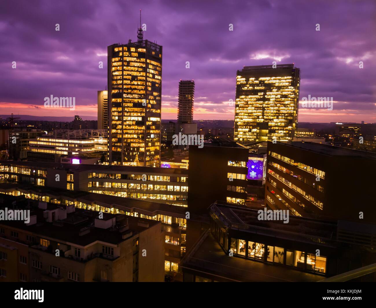 Prague skyscrapers in blue hour with purple sky. Modern office ...