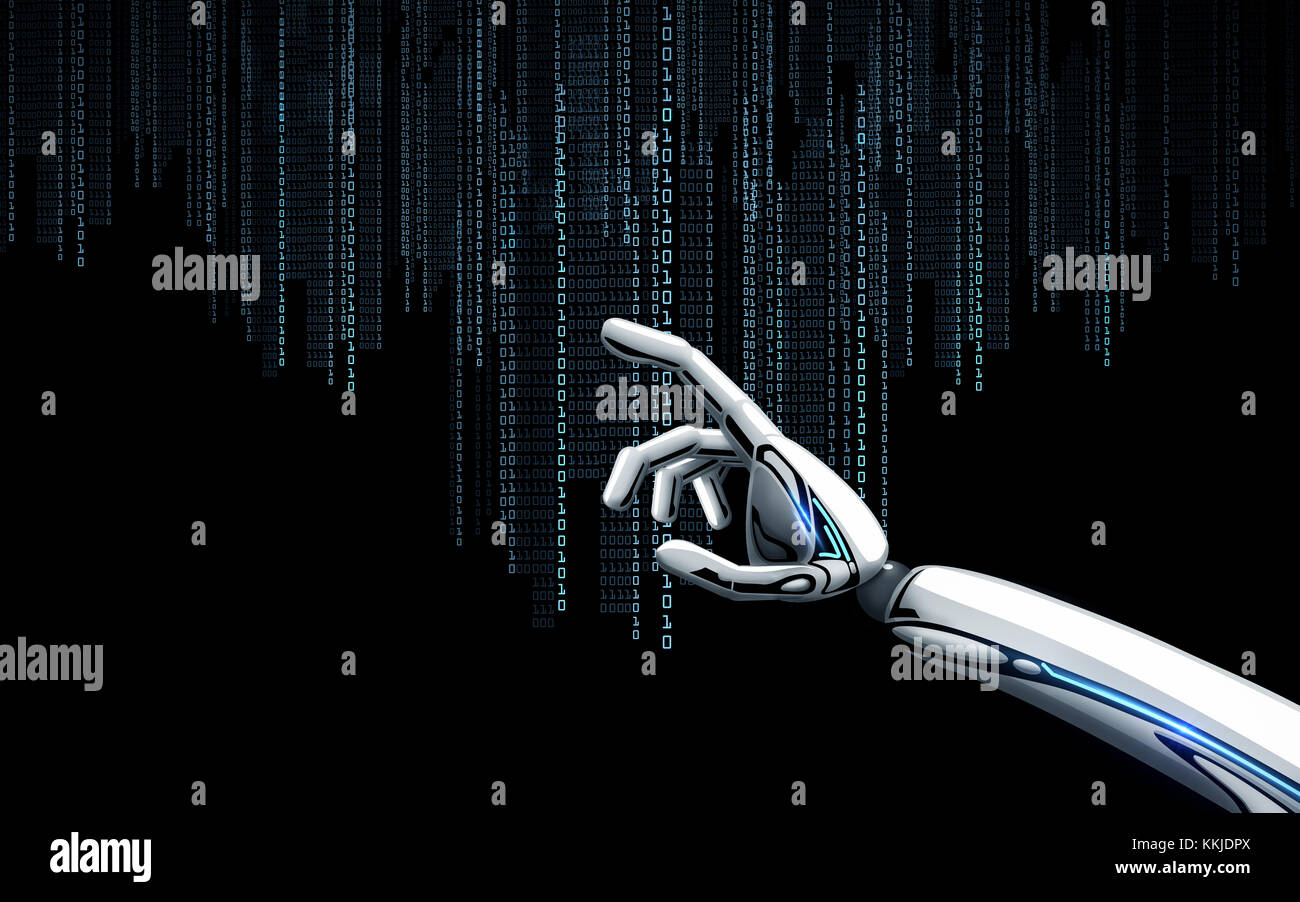 robot hand with binary code over black background Stock Photo - Alamy