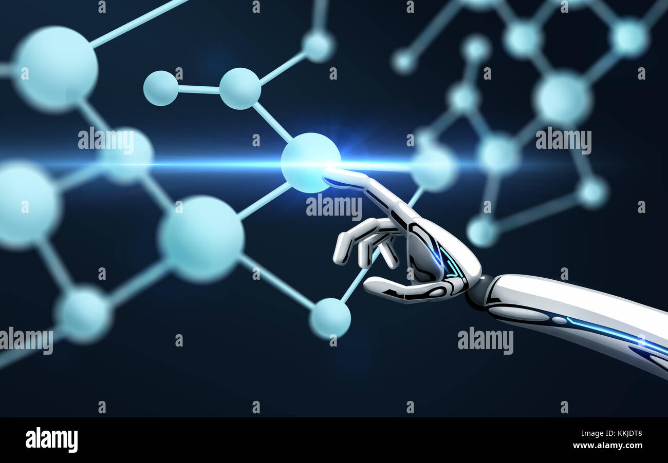 robot hand touching molecule formula Stock Photo - Alamy