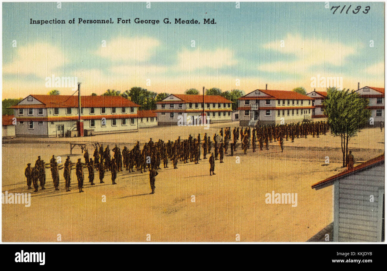 A historical photograph depicting personnel inspection at Fort George G ...