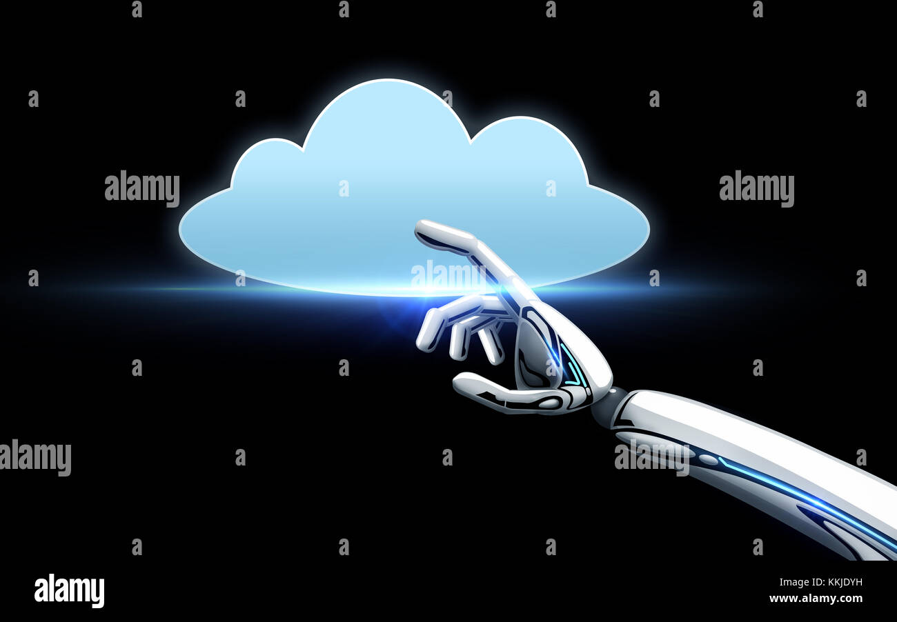 robot hand with cloud computing icon over black Stock Photo - Alamy