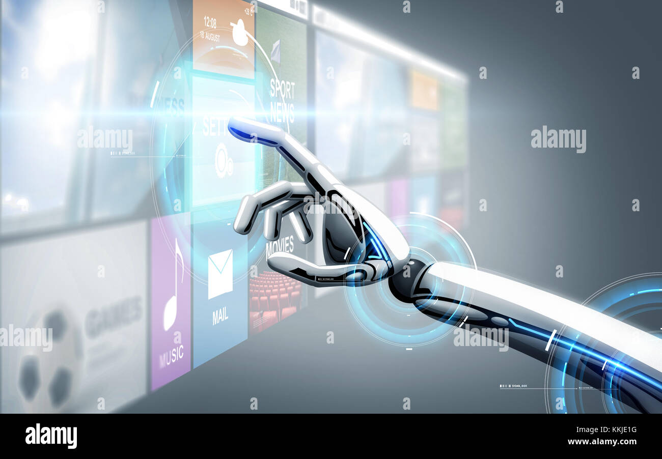 robot hand touching virtual screen with apps Stock Photo - Alamy