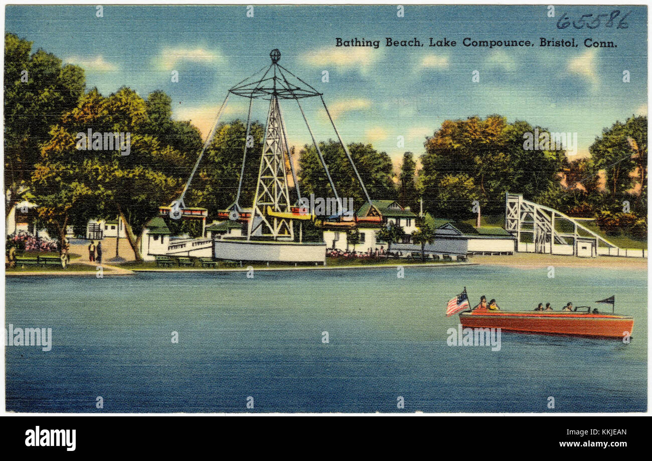 The photograph depicts the bathing beach at Lake Compounce in Bristol ...
