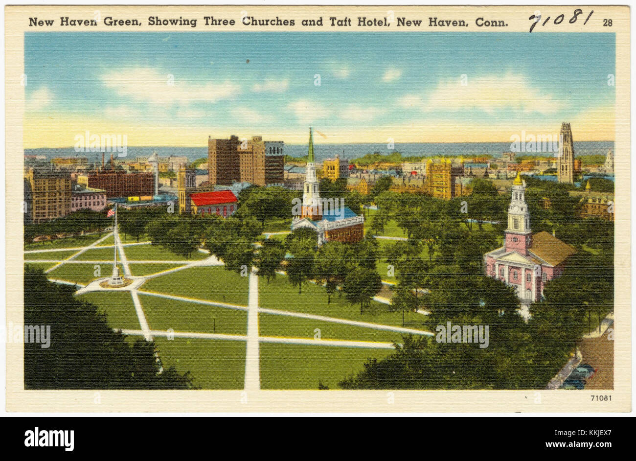 The image depicts New Haven Green, a central public space in New Haven ...