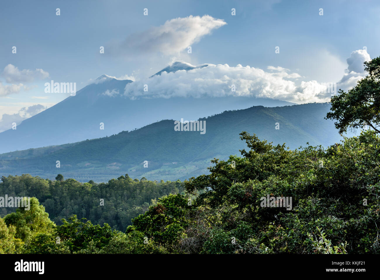 Fuego volcano & Acatenango volcano at sunset, near Antigua, Guatemala ...