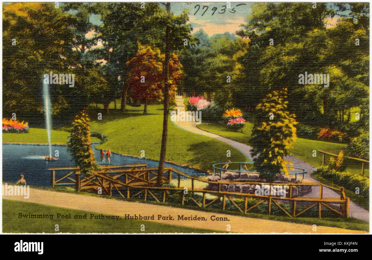 This image shows a swimming pool and pathway at Hubbard Park in Meriden ...