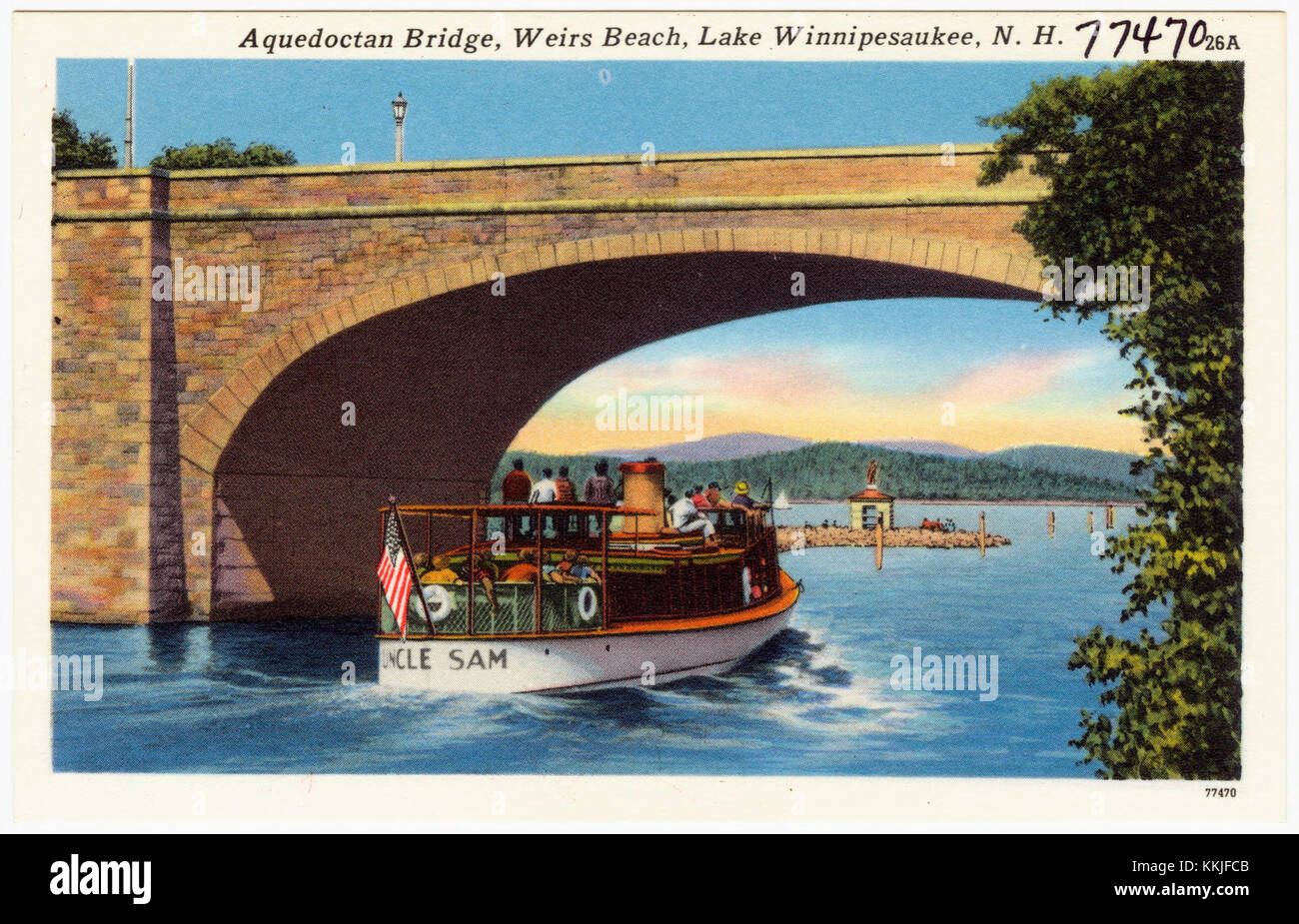 Aquedoctan Bridge spans the Weirs Beach area at Lake Winnipesaukee, New ...