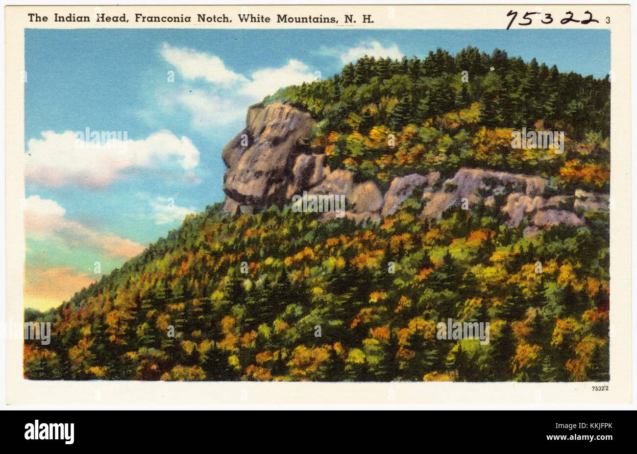 This image depicts the Indian Head rock formation located in Franconia ...