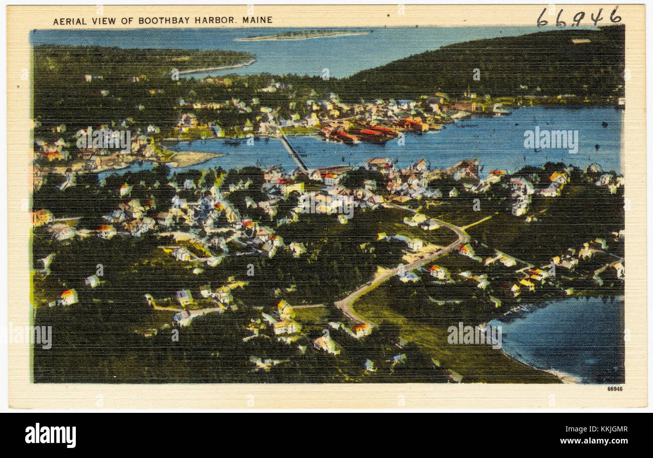 This aerial view captures Boothbay Harbor, Maine, showing the scenic ...