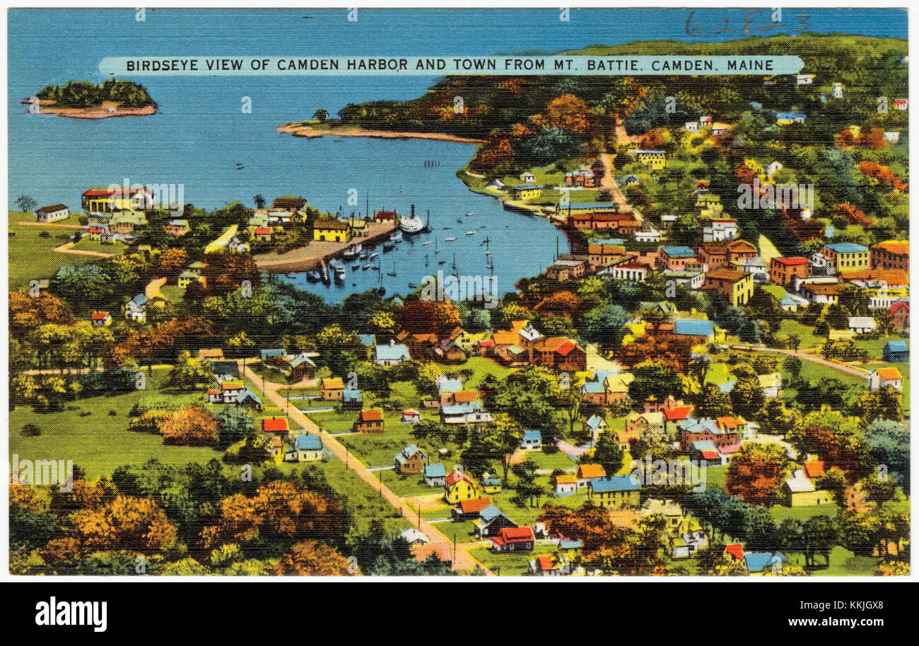 This bird's-eye view captures Camden Harbor and the surrounding town ...