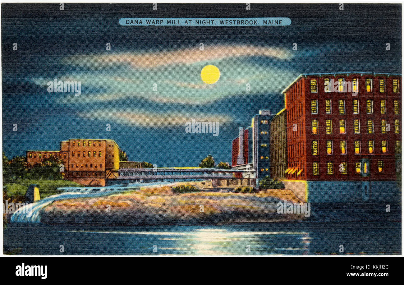 A night view of the Dana Warp Mill in Westbrook, Maine, captured in a ...