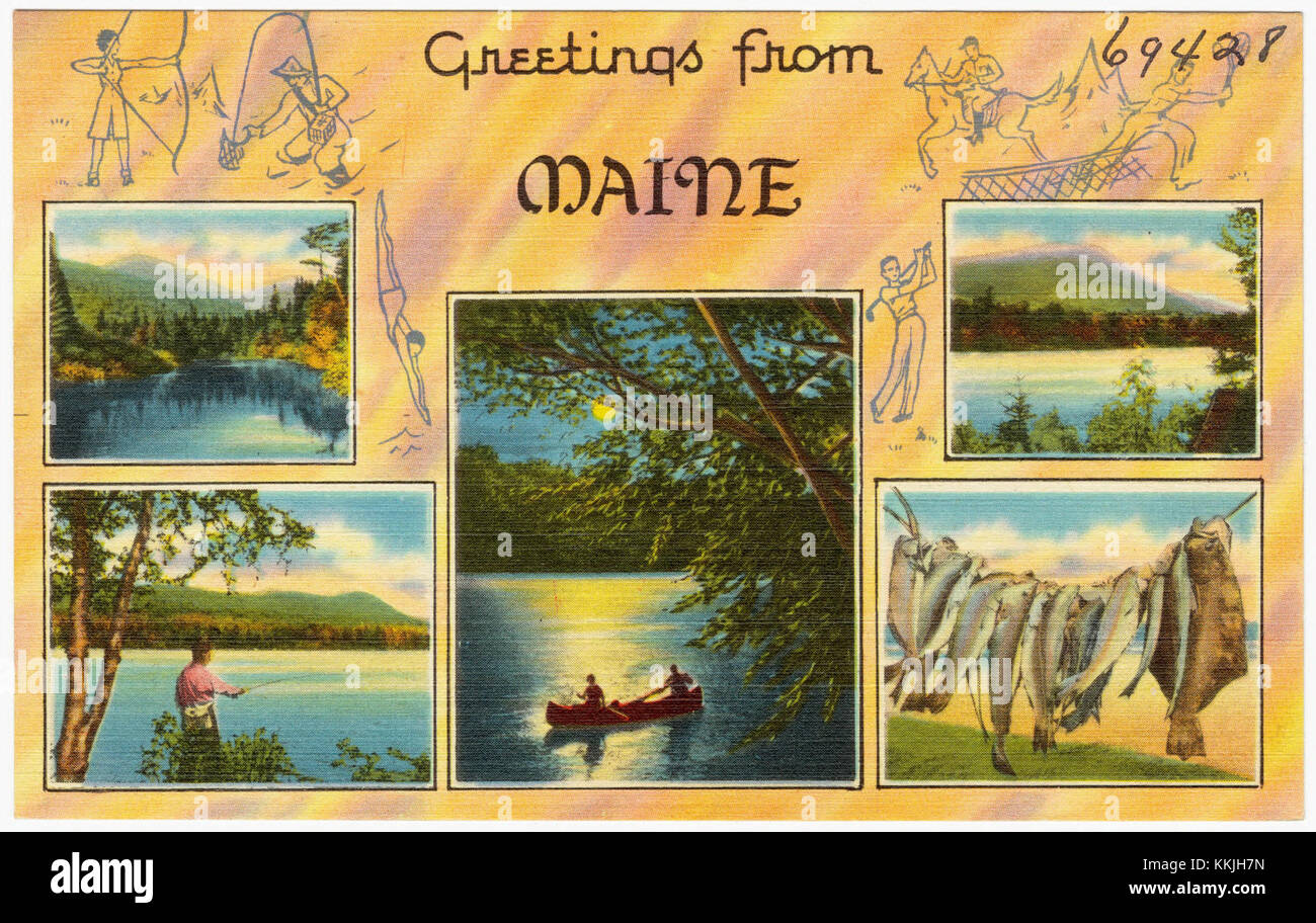 This postcard titled 'Greetings from Maine' showcases a scenic view of ...