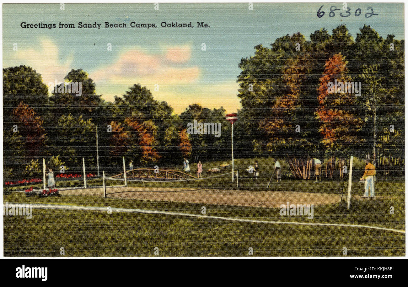 This postcard depicts Sandy Beach Camps, located in Oakland, Maine ...