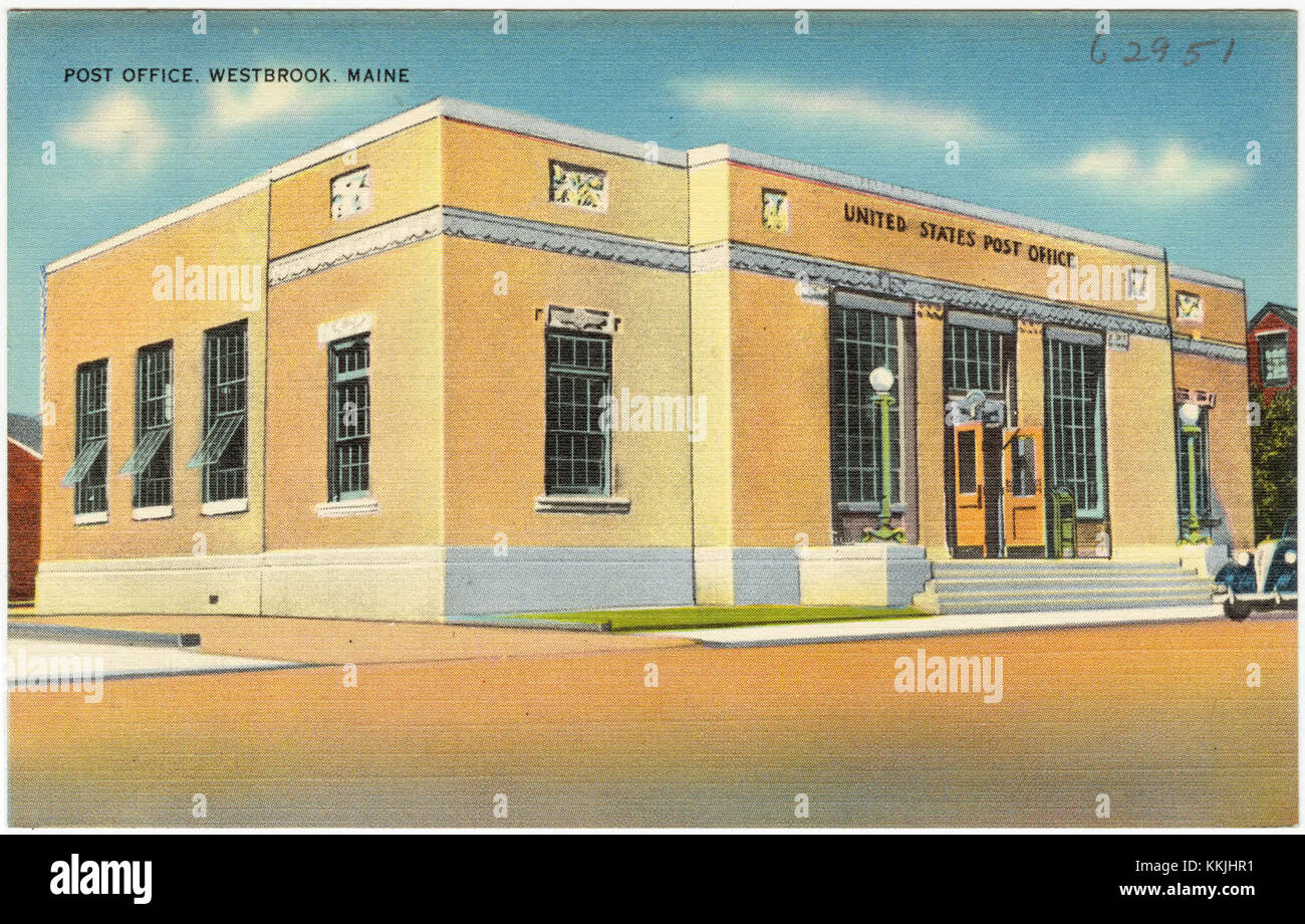 This historical image shows the Post Office in Westbrook, Maine. The ...