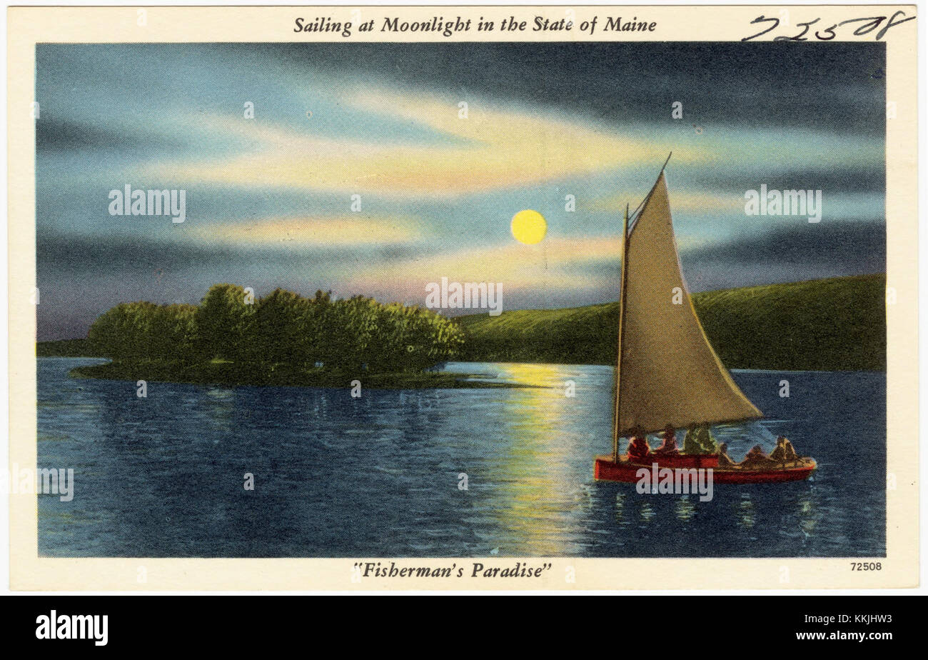 The image depicts a serene sailing scene under moonlight in Maine ...