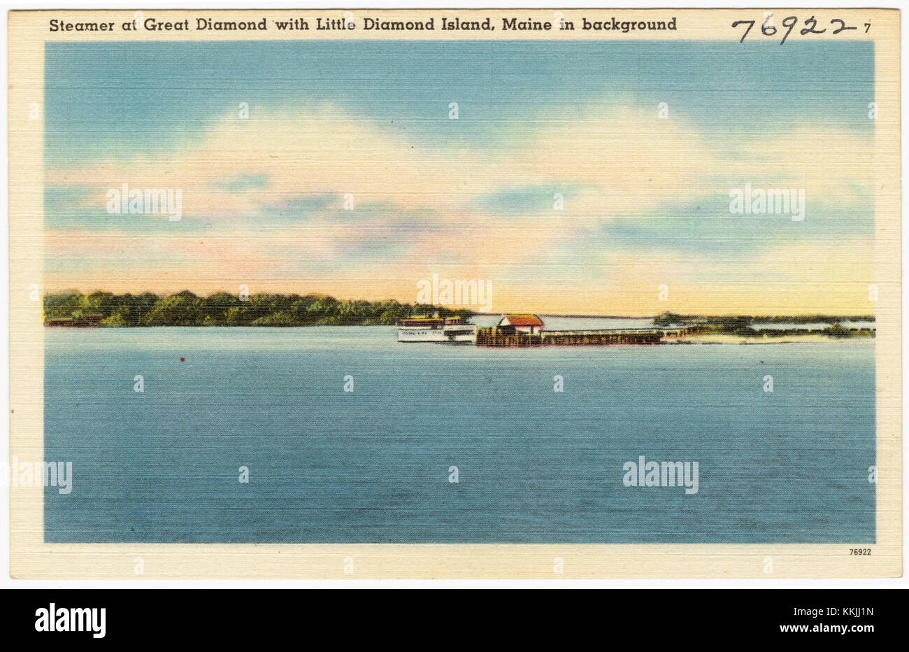 A historical photograph of a steamer near Great Diamond Island, with ...