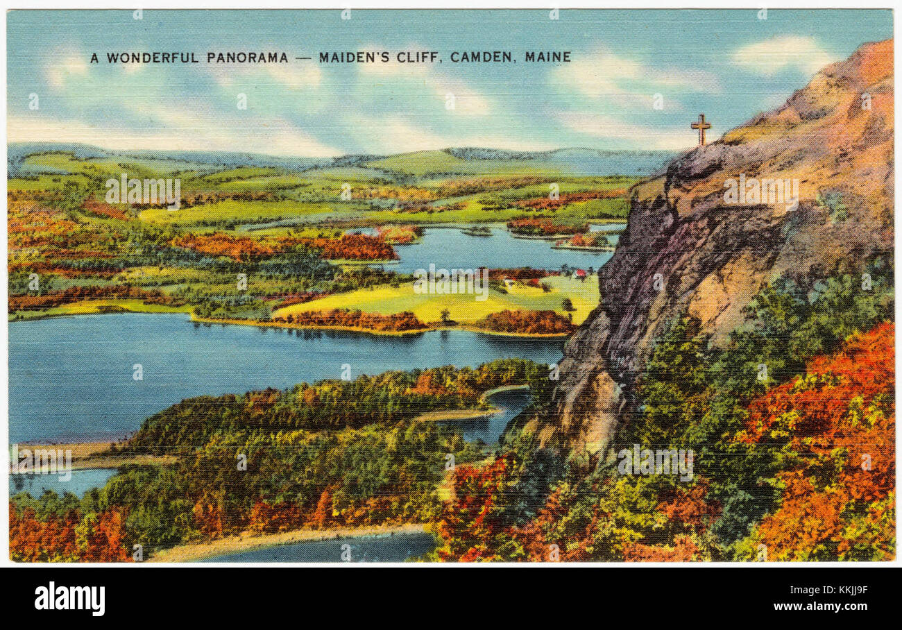 A panoramic view from Maiden's Cliff, located in Camden, Maine ...