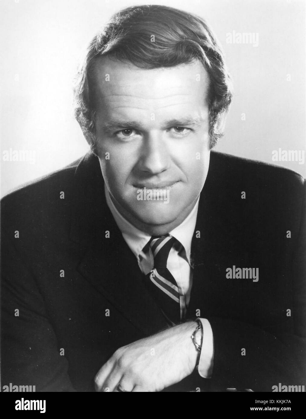 This black-and-white portrait features actor Mike Farrell, taken in ...