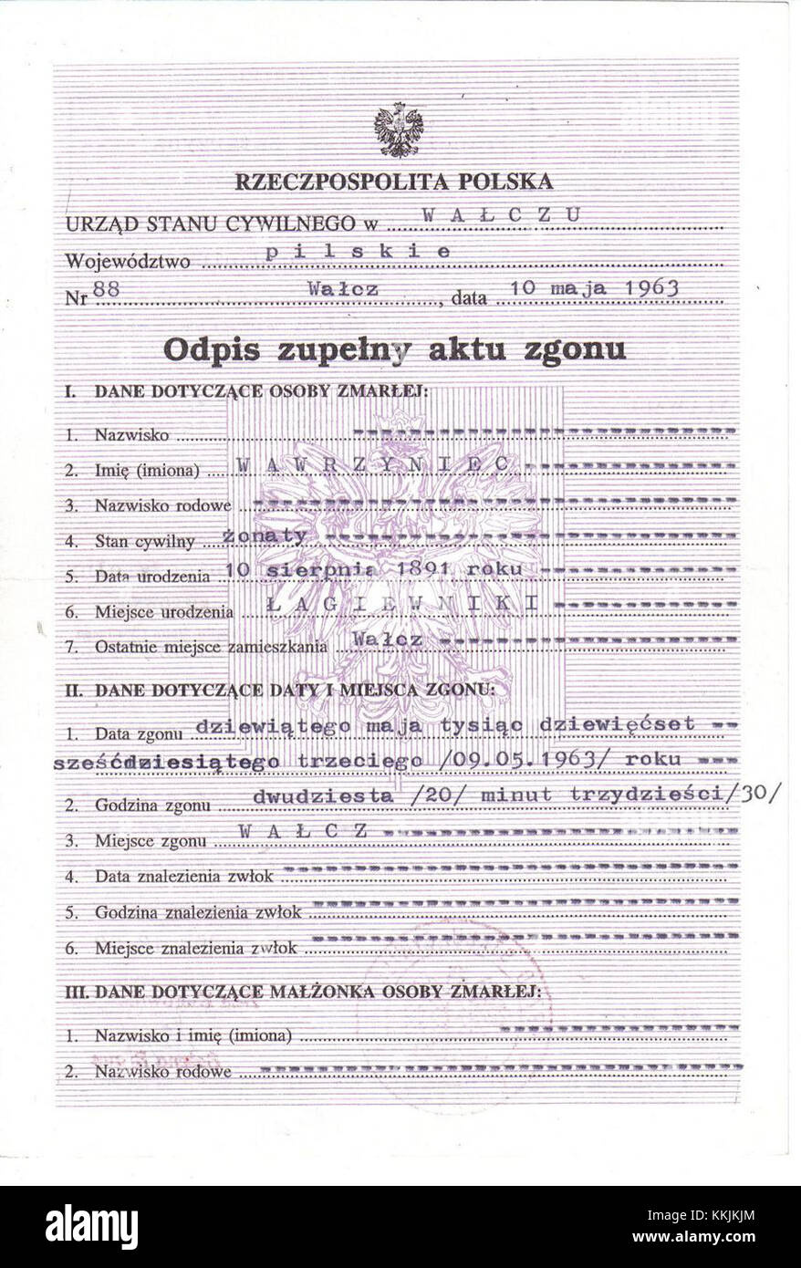 'Akt zgonu zupelny 1 z 25' refers to a complete death certificate from ...