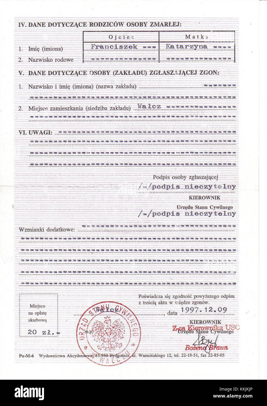 Akt zgonu zupelny 2 z 21 refers to a death certificate document, commonly used in Polish ...