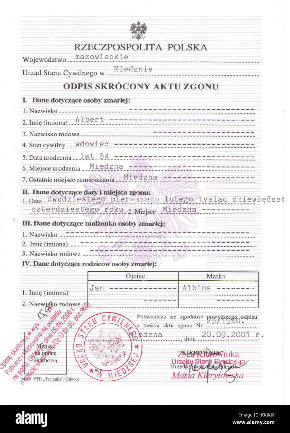 Akt zgonu skrocony Stock Photo - Alamy