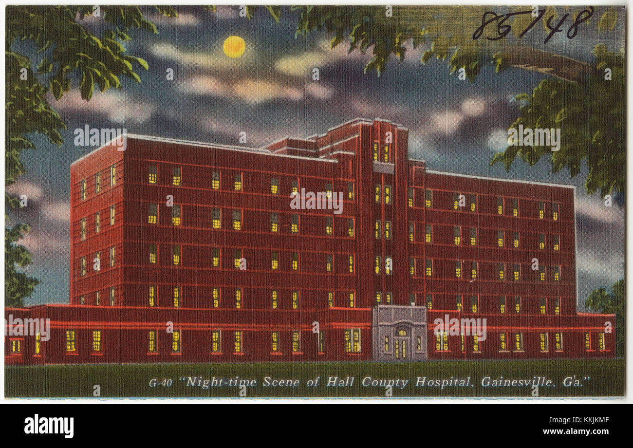 This photograph captures a night-time view of Hall County Hospital in ...