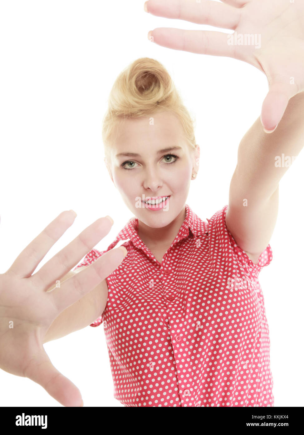 Hand gesture concept. Retro pin up woman wearing red short shirt having ...