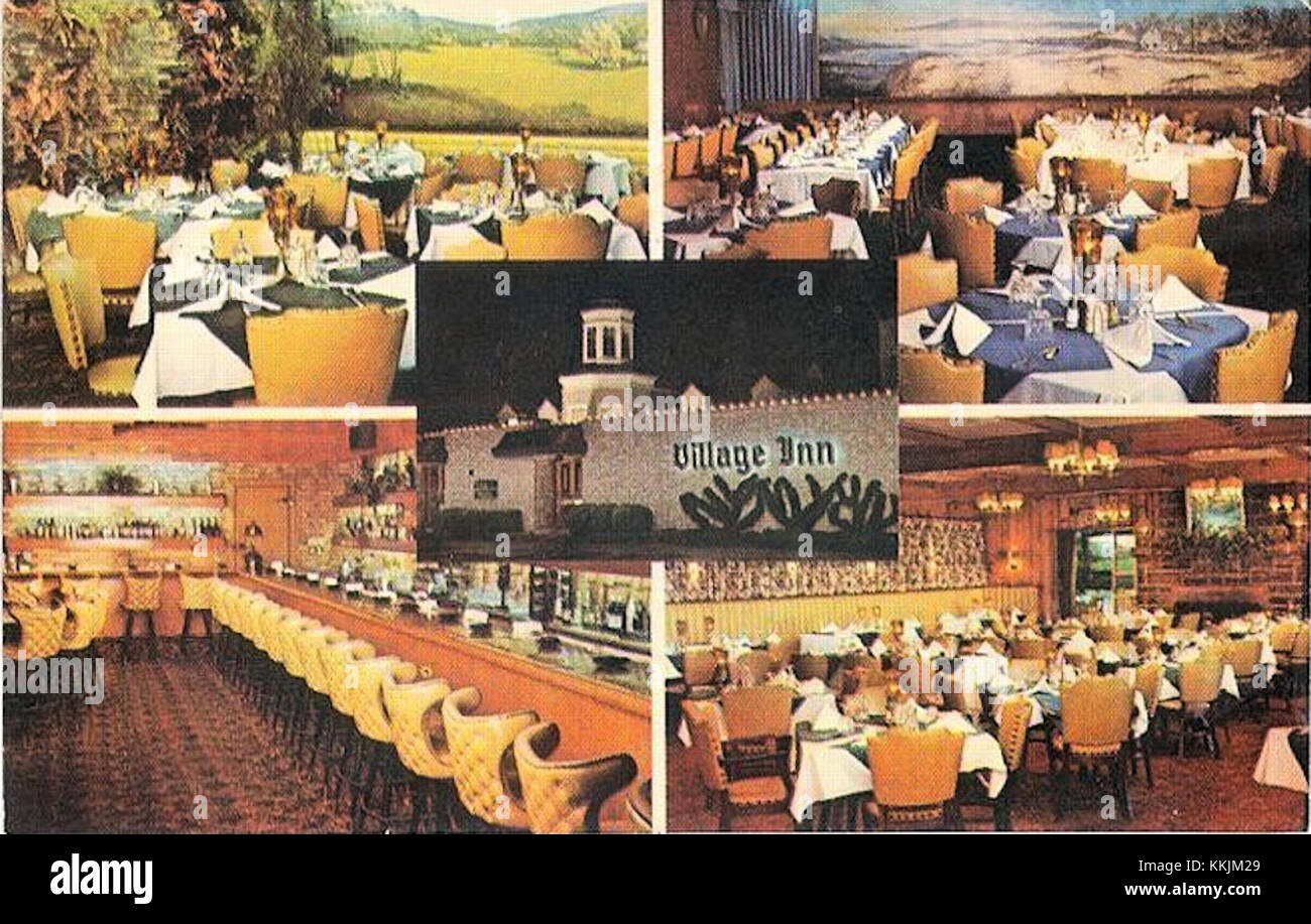 A vintage postcard depicting the interior of the Village Inn, a popular ...