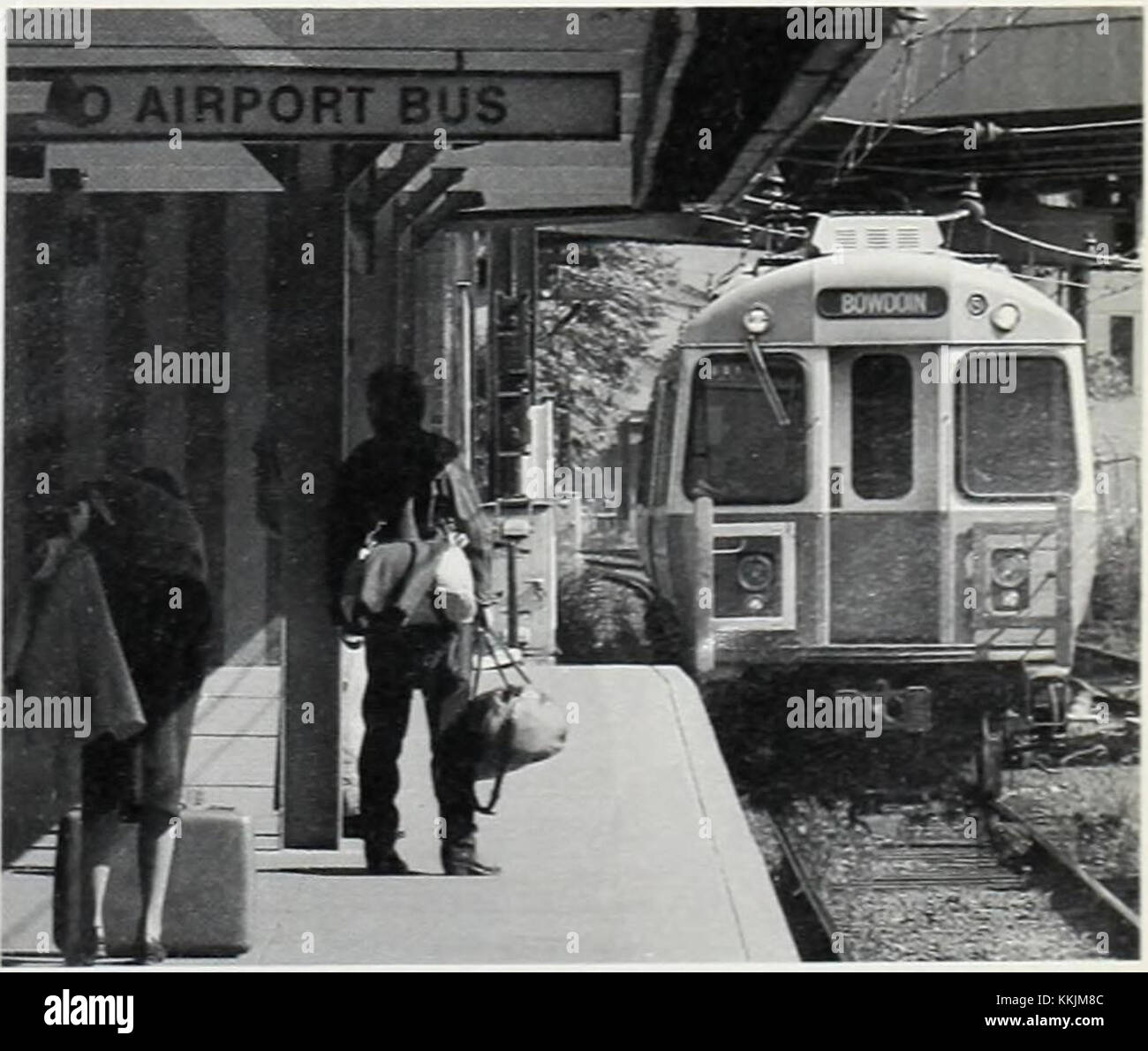 A photograph of an inbound train arriving at the MBTA Airport Station ...